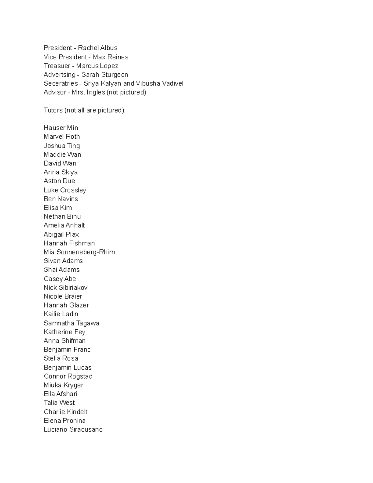 AHS Math Honors Society Memebers - MATH 340 - Studocu