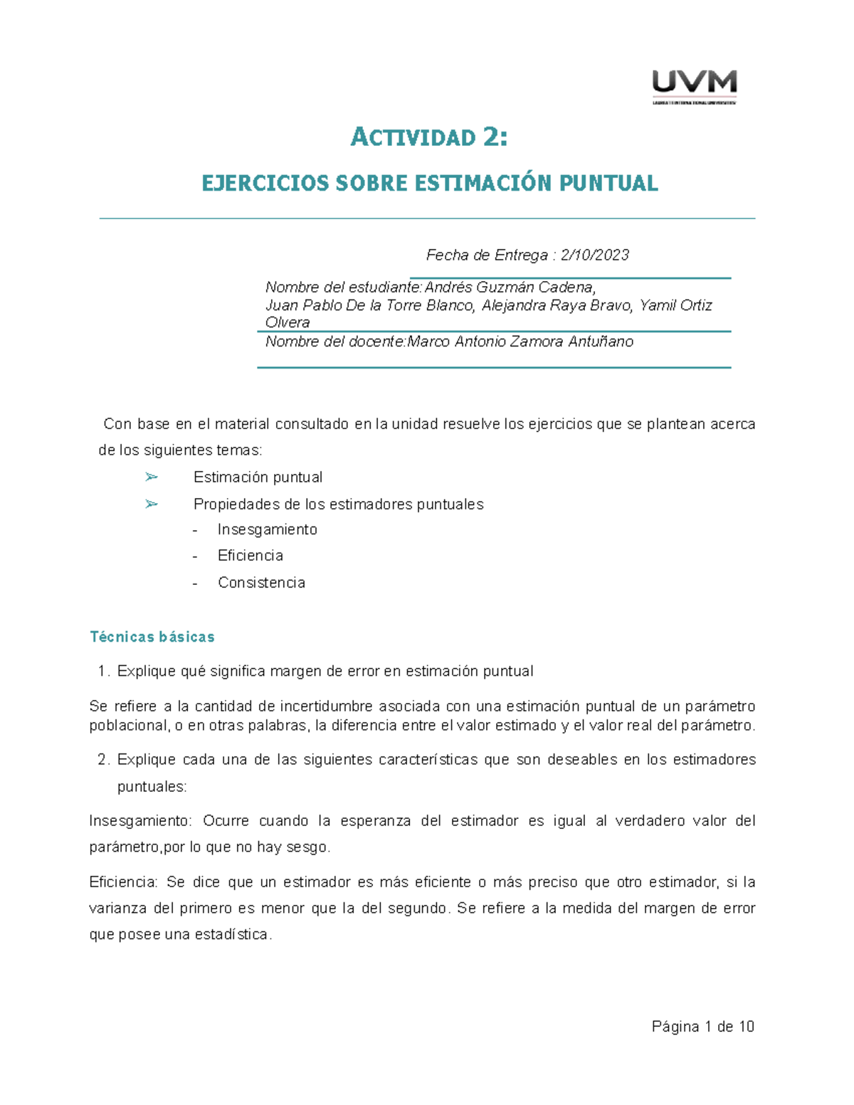 A2 Ejercicios AGC Dan Negrete - ACTIVIDAD 2: EJERCICIOS SOBRE ESTIMACIÓN PUNTUAL Fecha de ...