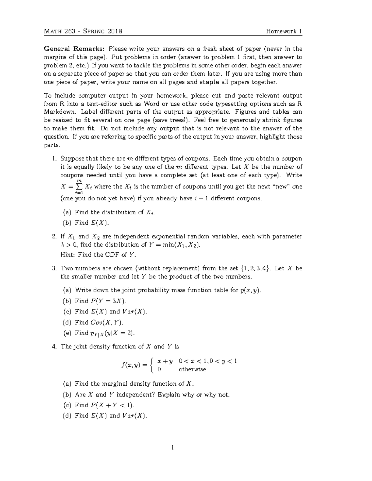 Homework 263 01 - Math 263 - Spring 2018 Homework 1 General Remarks ...