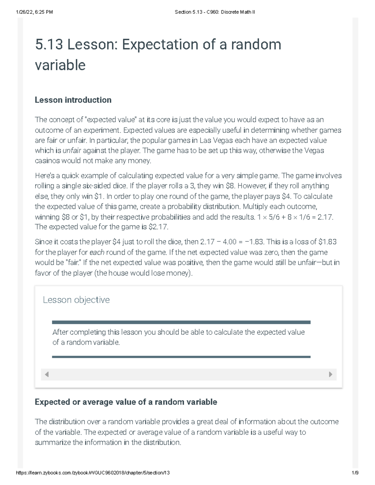 Section 5.13 - C960 Discrete Math II - 5 Lesson: Expectation of a random variable Lesson - Studocu