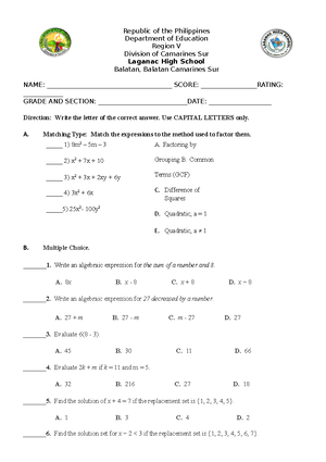 2nd Quarter Exam math 8 - periodical exam - Republic of the Philippines ...