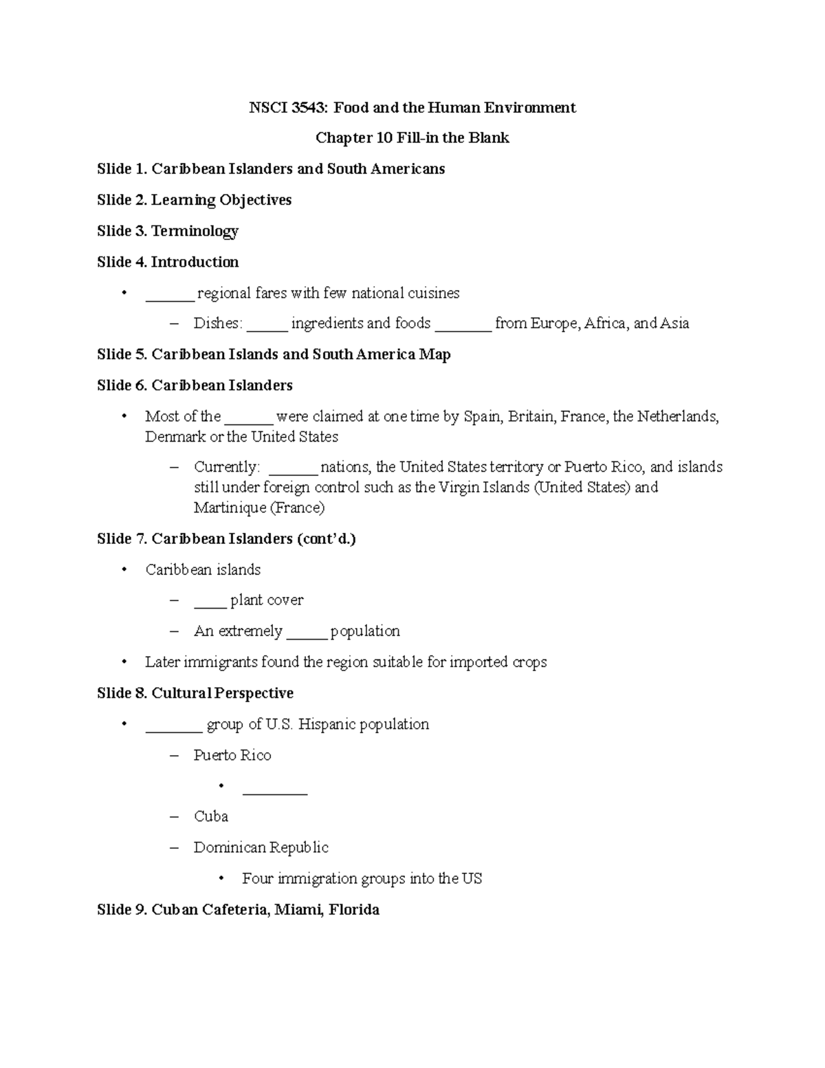 NSCI 3543 Chapter 10 Caribbean Islanders and South Americans Fill-in ...
