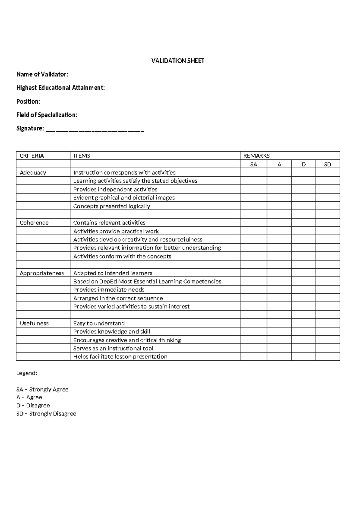 Validating TOOL 1 - VALIDATION SHEET Name of Validator: Highest ...