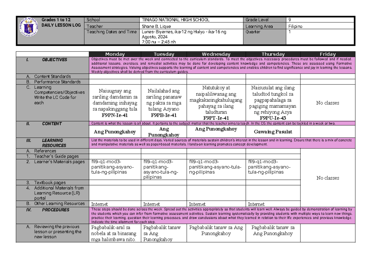 DLL-week 7.Sept - Daily Lesson Log -Filipino 9 - Grades 1 to 12 DAILY ...