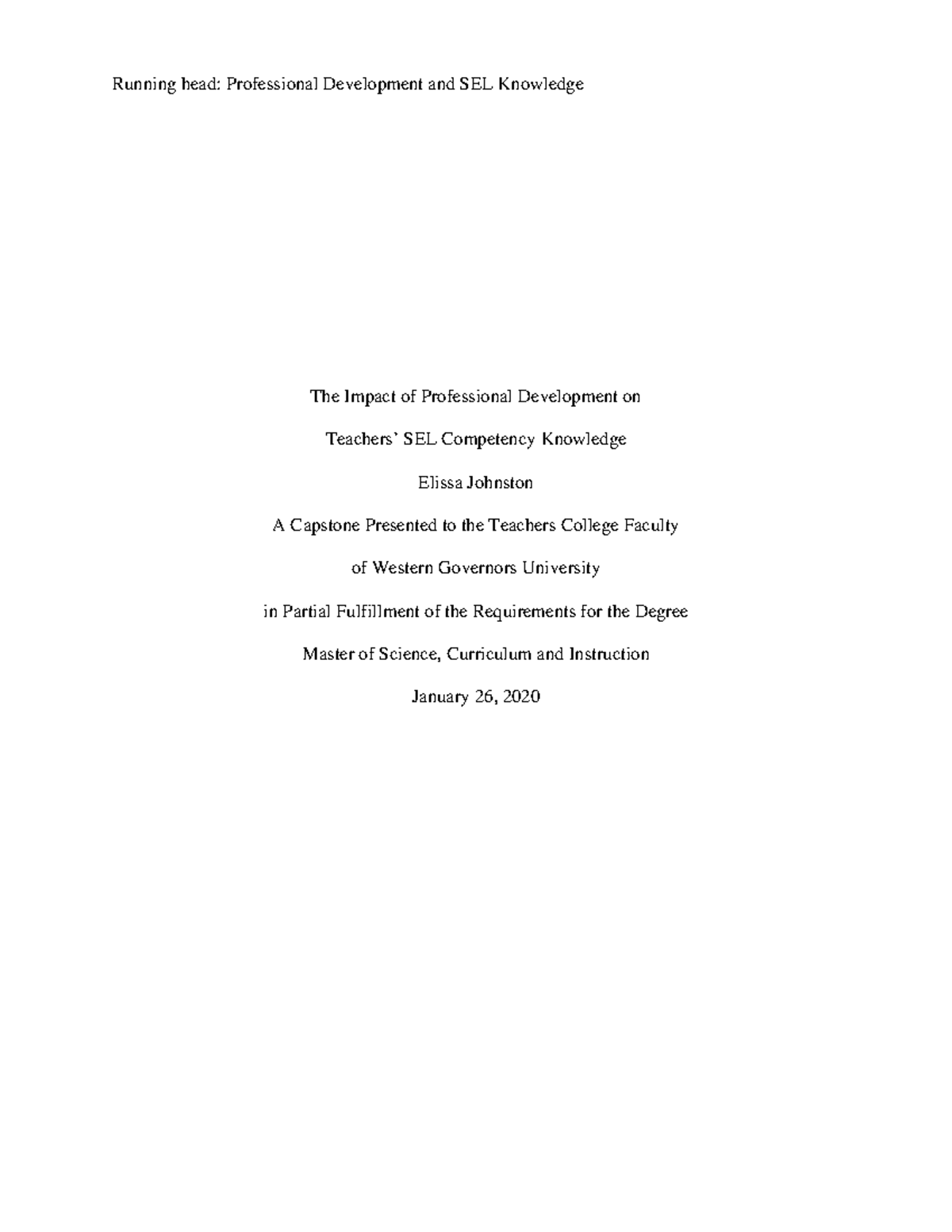 Capstone AP PD - Running head: Professional Development and SEL Knowledge The Impact of ...