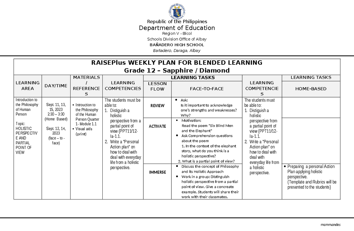 Holistic Perspective - activity - Department of Education Region V ...