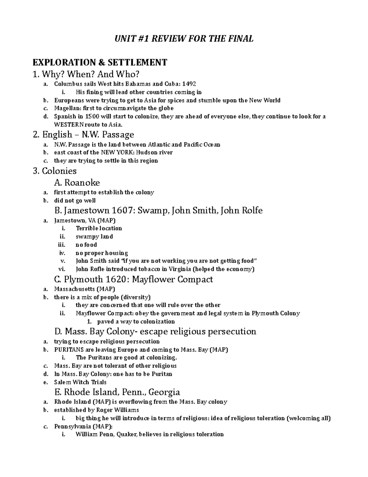 Unit #1 review for final - UNIT #1 REVIEW FOR THE FINAL EXPLORATION ...