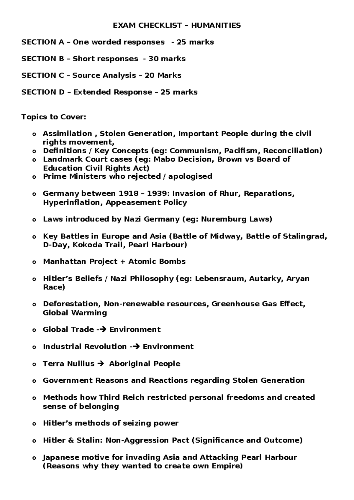 EXAM Checklist - Year 10 Humanities Semester 2023 - EXAM CHECKLIST ...