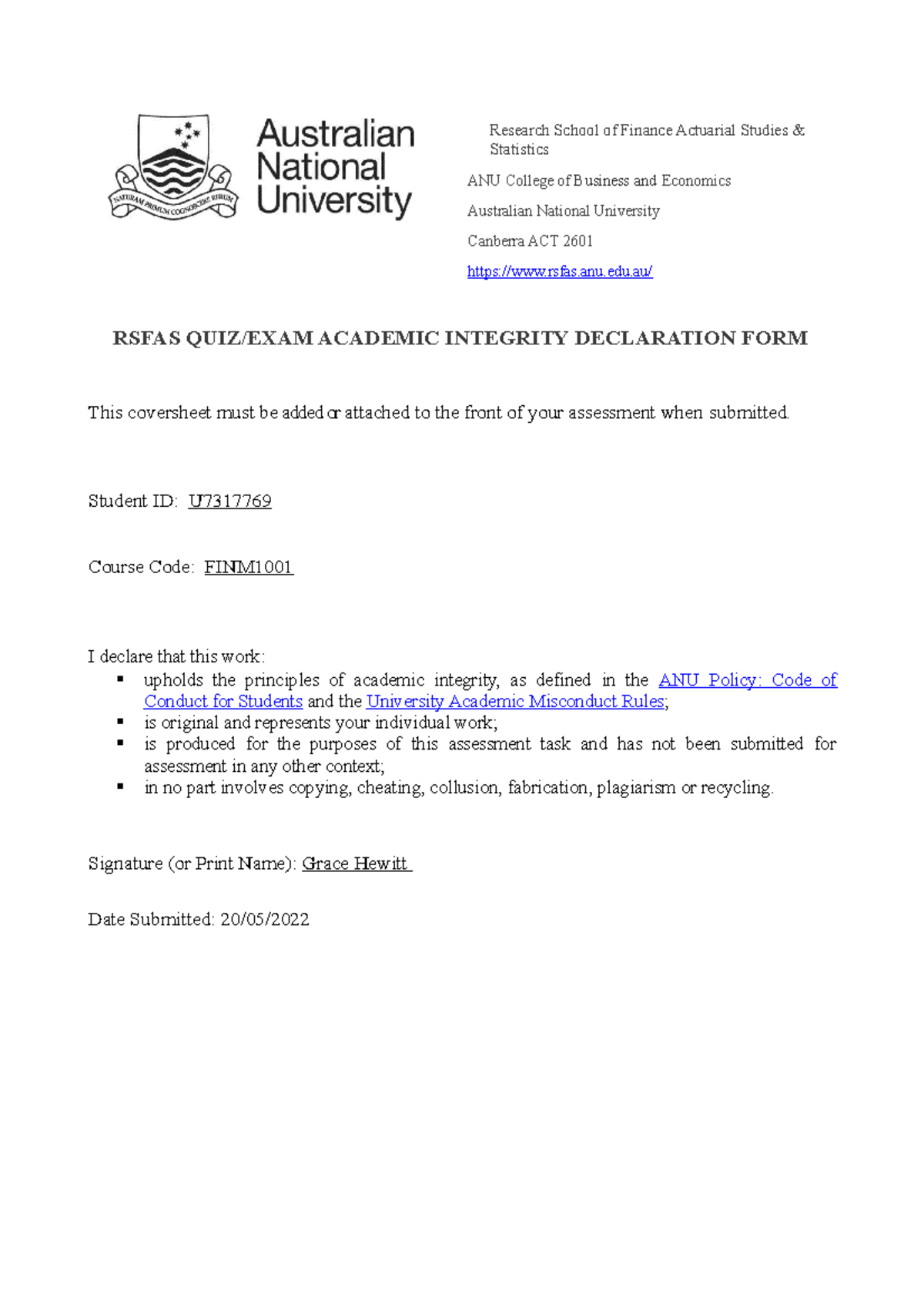 Quiz-Exam Declaration Form Quiz 5 - Research School of Finance ...