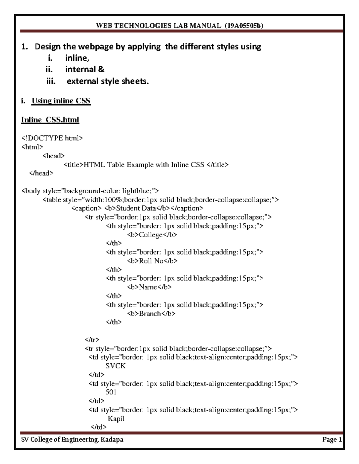 WIT lab manual R19 - Material - 1. Design the webpage by applying the different styles using i ...