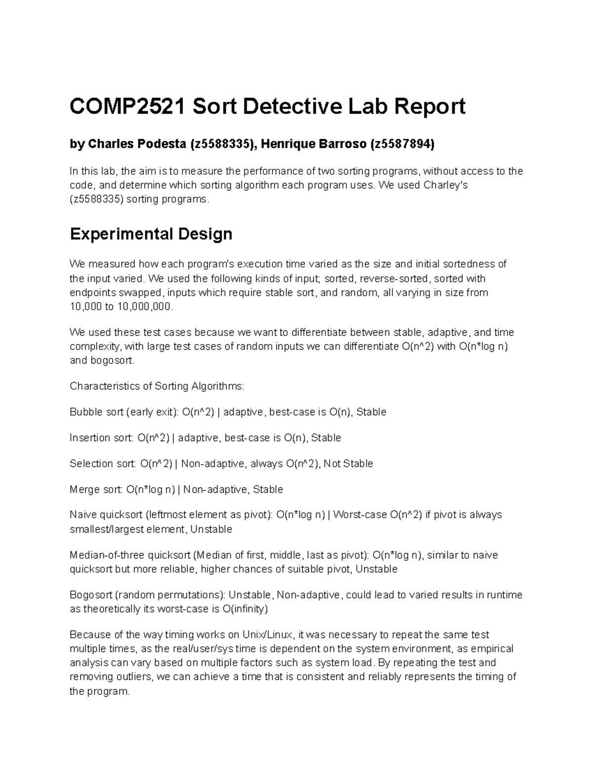 Comp2521 Week 3 Time Complexity Report Comp2521 Sort Detective Lab Report By Charles Podesta 