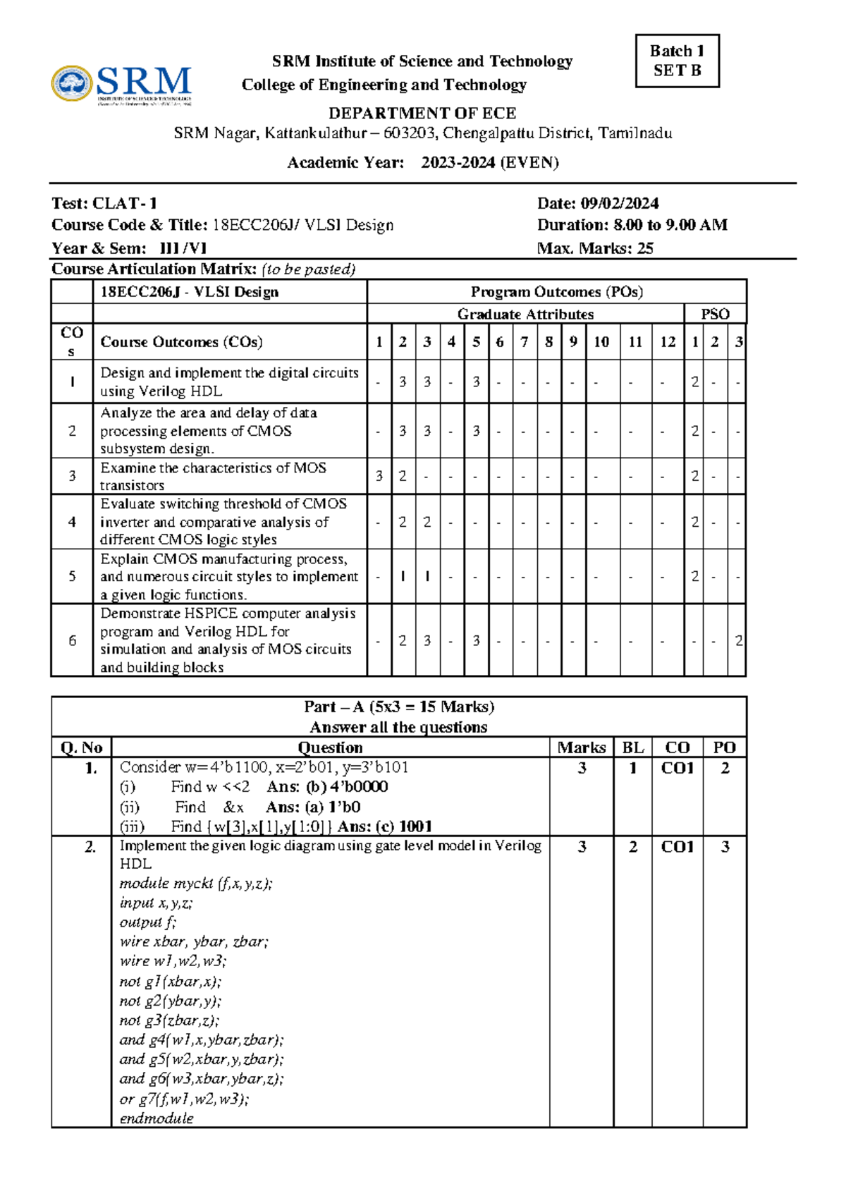 VLSI CT1 2023-2024 set B batch 1 - SRM Institute of Science and ...