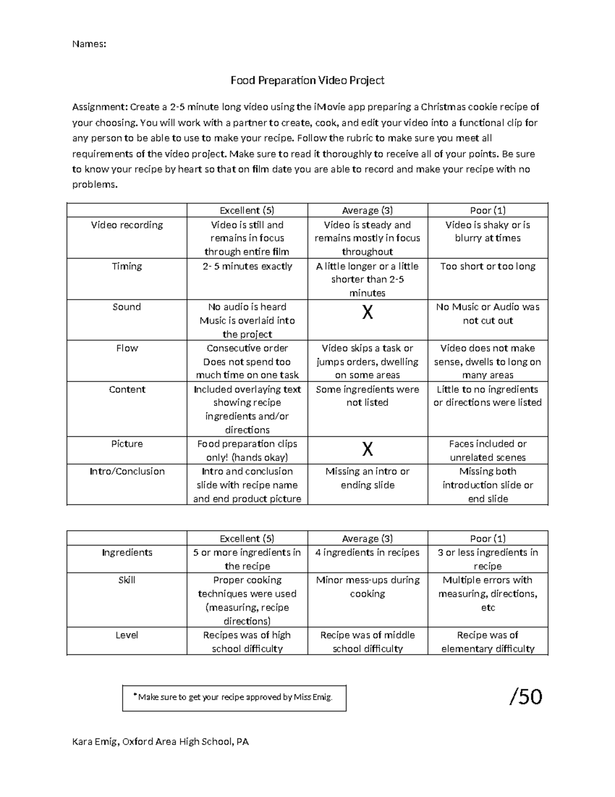 Food Preparation Video Project - Names: Food Preparation Video Project ...