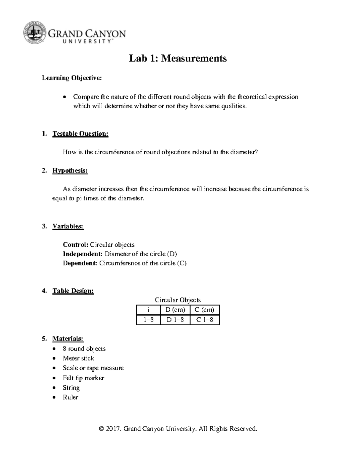 PHY-111 Lab 1 - lab 1 - © 2017. Grand Canyon University. All Rights ...