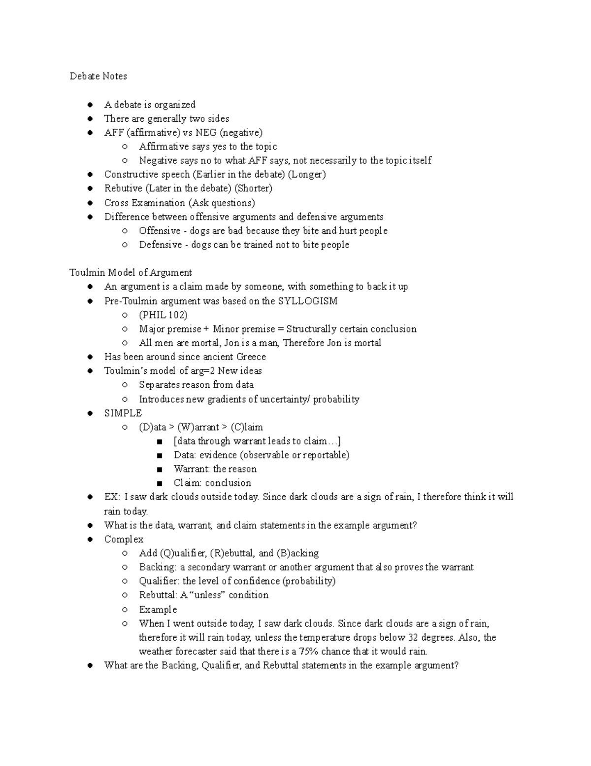 Lecture Notes Sp22 - Debate Notes A debate is organized There are ...