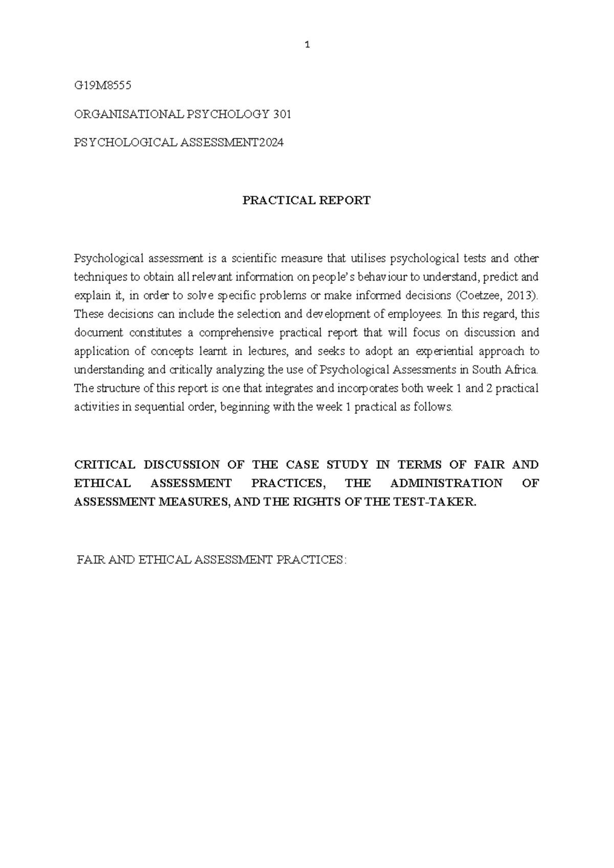 ORG PRAC Report 2024 TERM 2 - G19M ORGANISATIONAL PSYCHOLOGY 301 ...