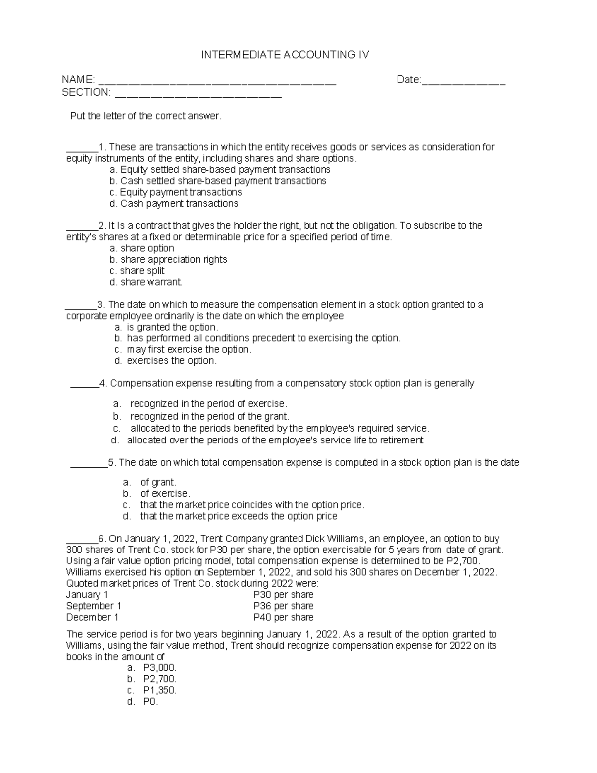 1st quiz set 1 - INTERMEDIATE ACCOUNTING IV NAME