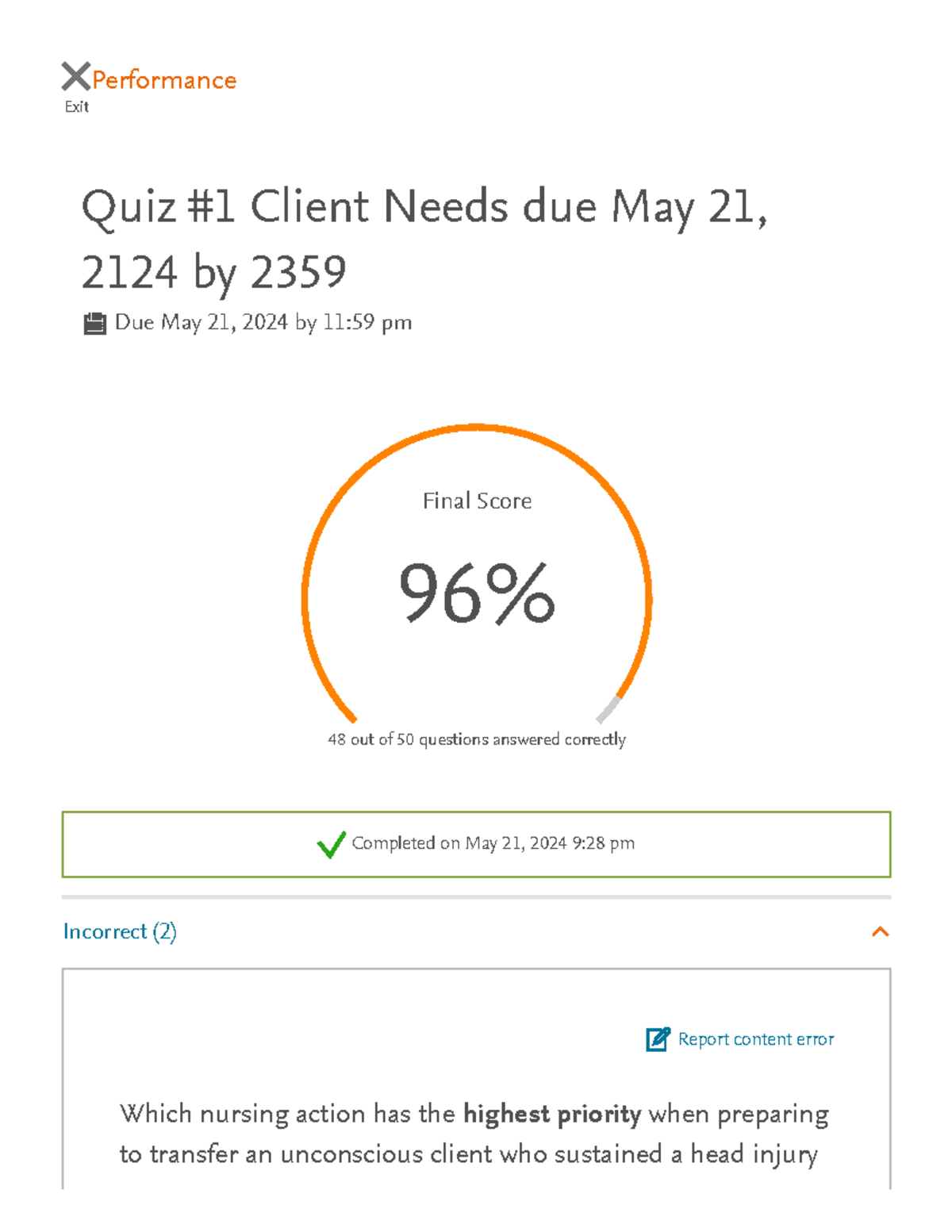 Elsevier Adaptive - Quiz 1 - Exit Performance Quiz #1 Client Needs due May 21, 2124 by 2359 Due ...