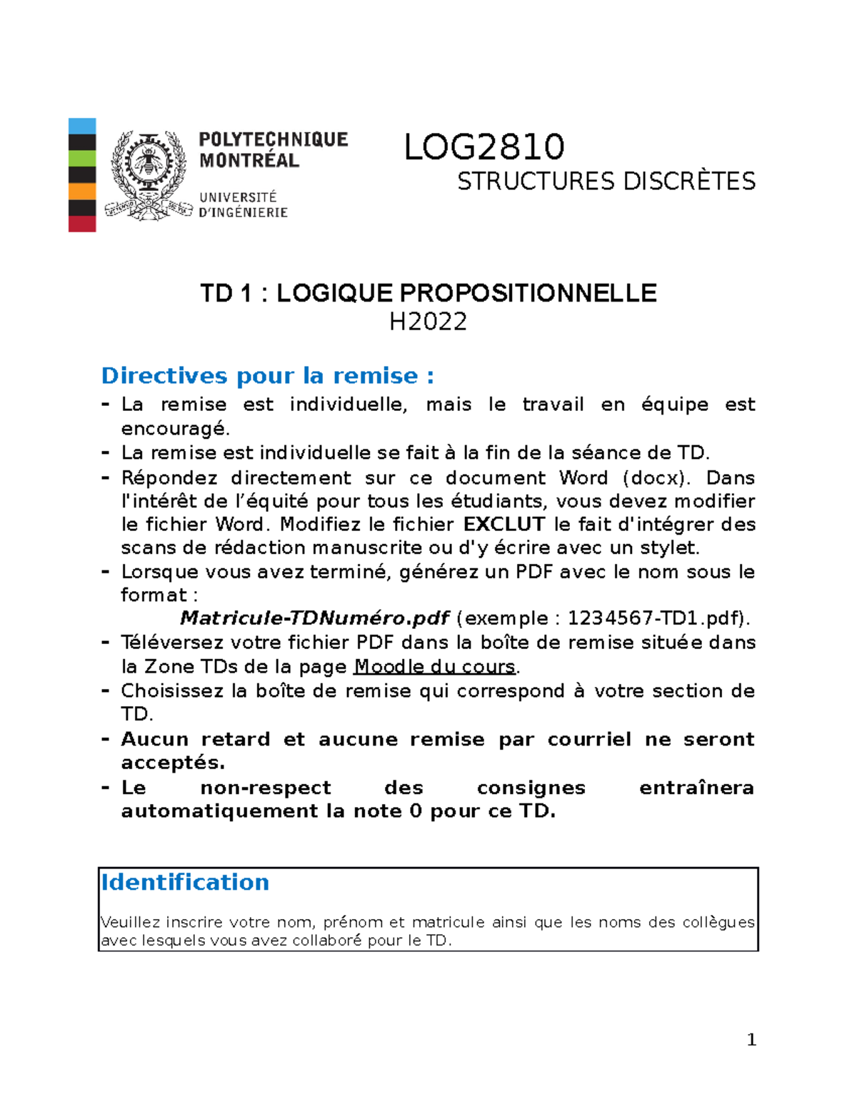 Cp - facts - LOG STRUCTURES DISCRÈTES TD 1 : LOGIQUE PROPOSITIONNELLE H ...