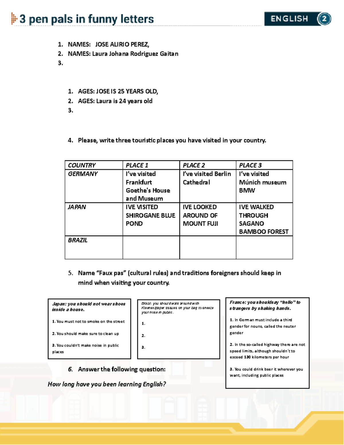 Activity English - actividad de ingles basico - 1. NAMES: JOSE ALIRIO ...
