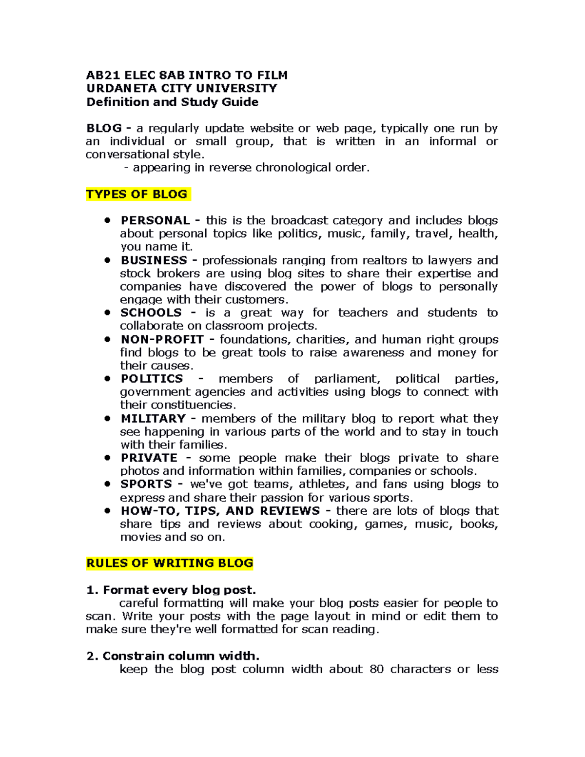 BLOG, Types OF BLOG, Rules IN Writing Blogs - AB21 ELEC 8AB INTRO TO ...