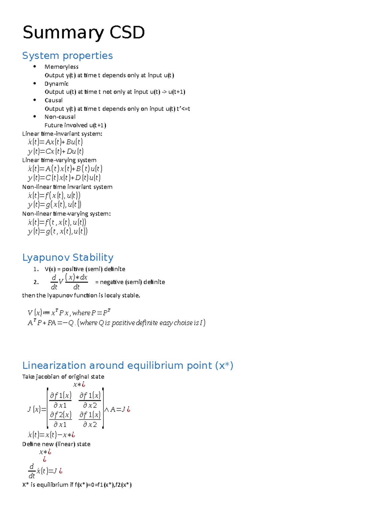 Summary - CSD - Summary CSD System properties Memoryless Output y(t) at ...