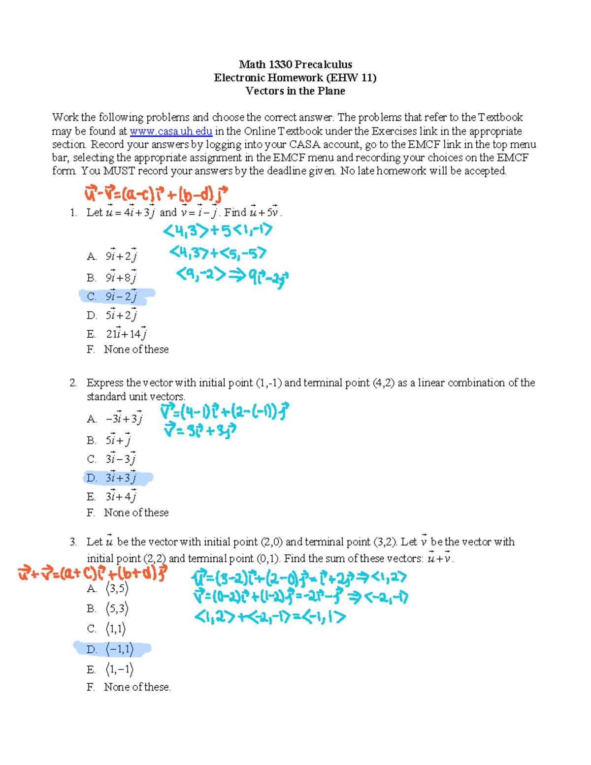 vectors homework - Math 1330 Precalculus Electronic Homework (EHW 11 ...