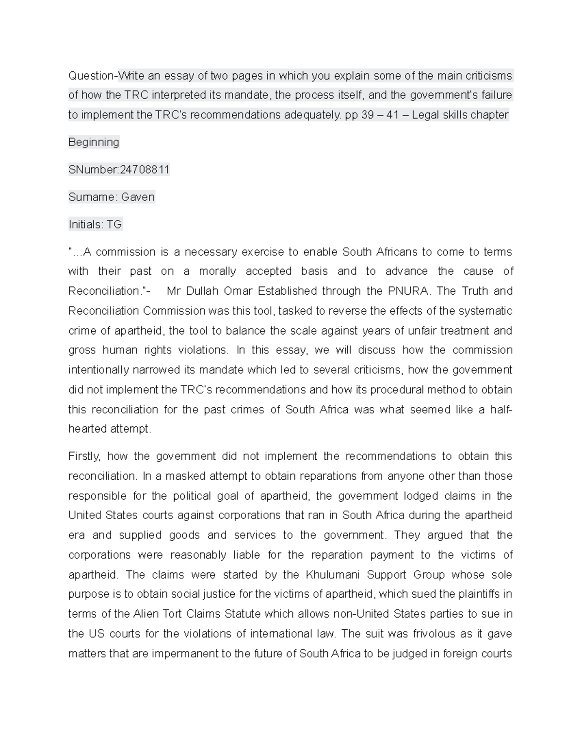 TRC Mandate, The process and the governments - Question-Write an essay ...
