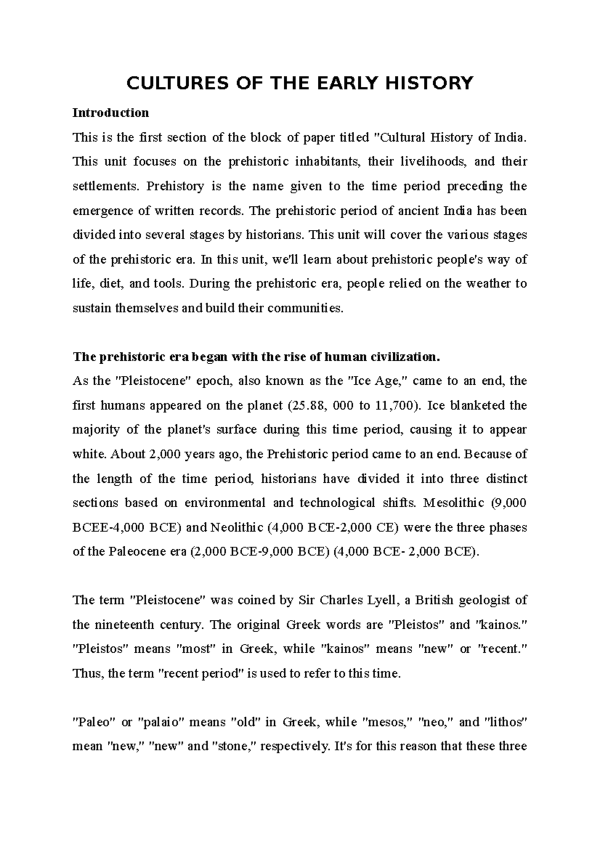 Cultures OF THE Early History - CULTURES OF THE EARLY HISTORY ...