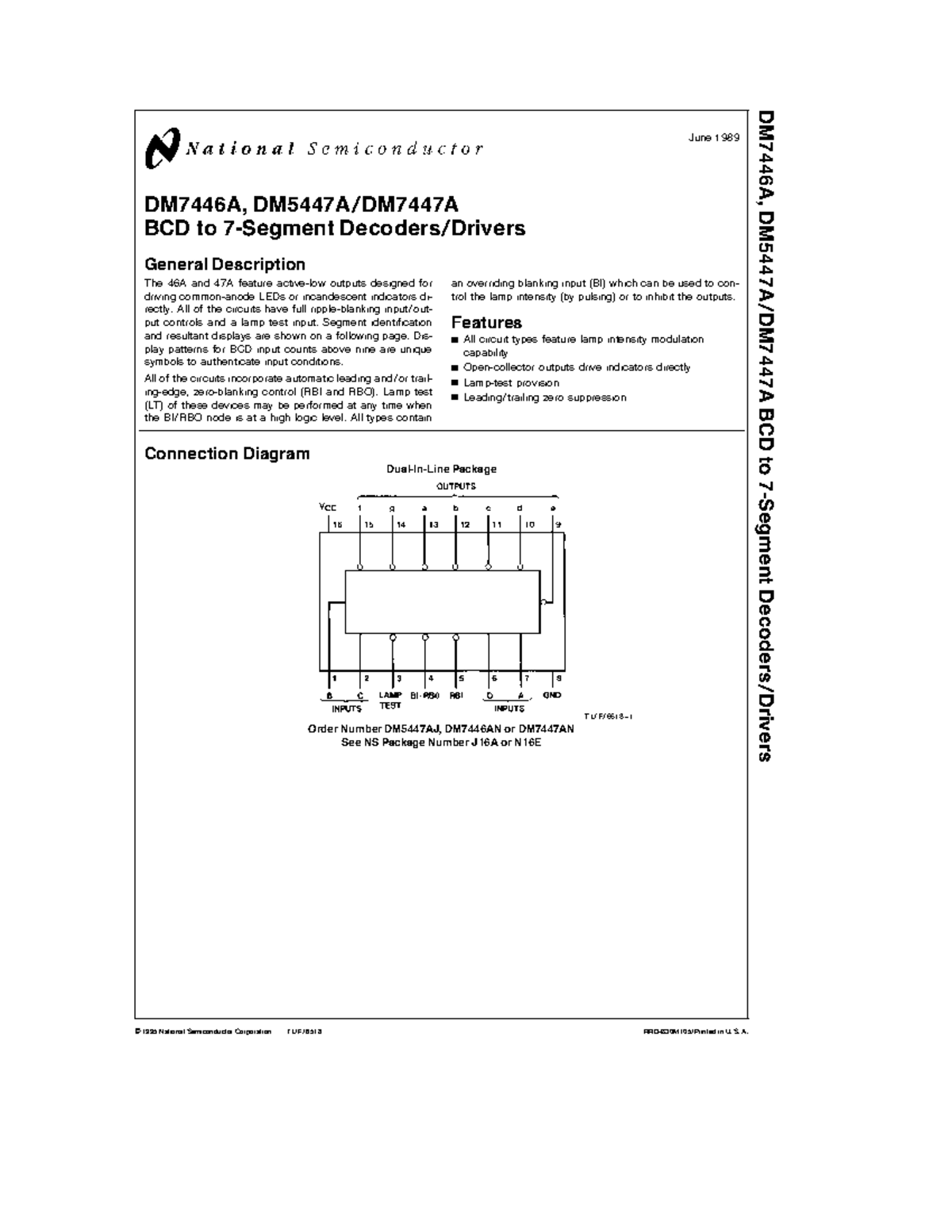 7447-datasheet - Vhvyvuvuhu - TL/F/ DM7446A, DM5447A/DM7447A BCD to 7 ...
