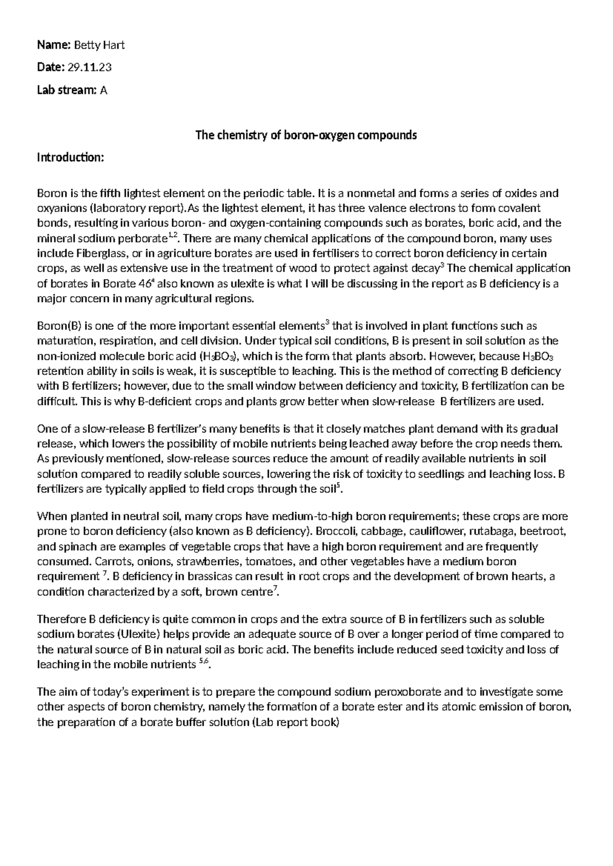 The chemistry of boron-oxygen compounds - Name: Betty Hart Date: 29 ...