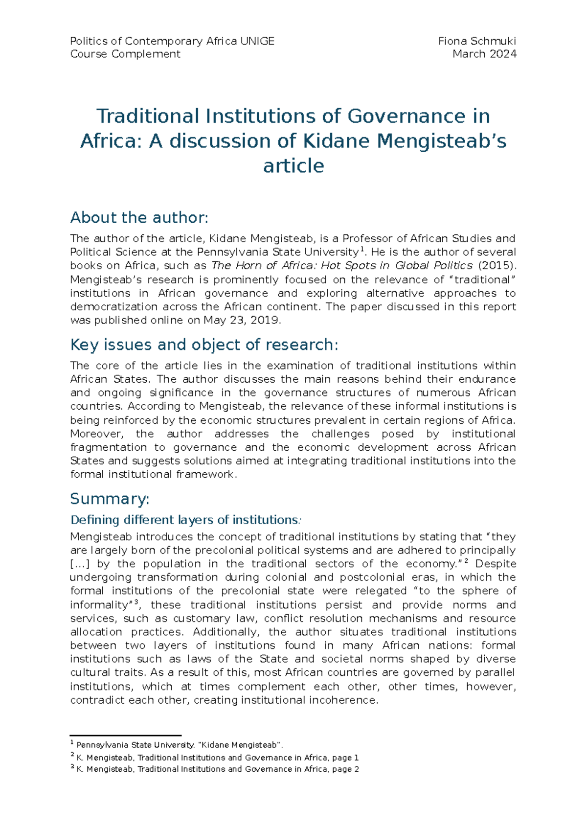 Traditional Institutions of Governance in Africa Report - Course ...