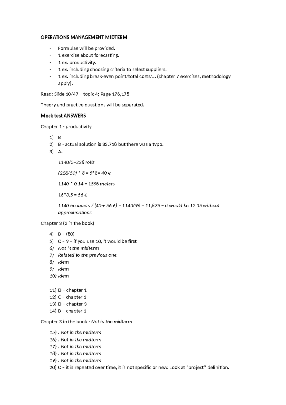 Operations Management Midterm - OPERATIONS MANAGEMENT MIDTERM Formulae ...