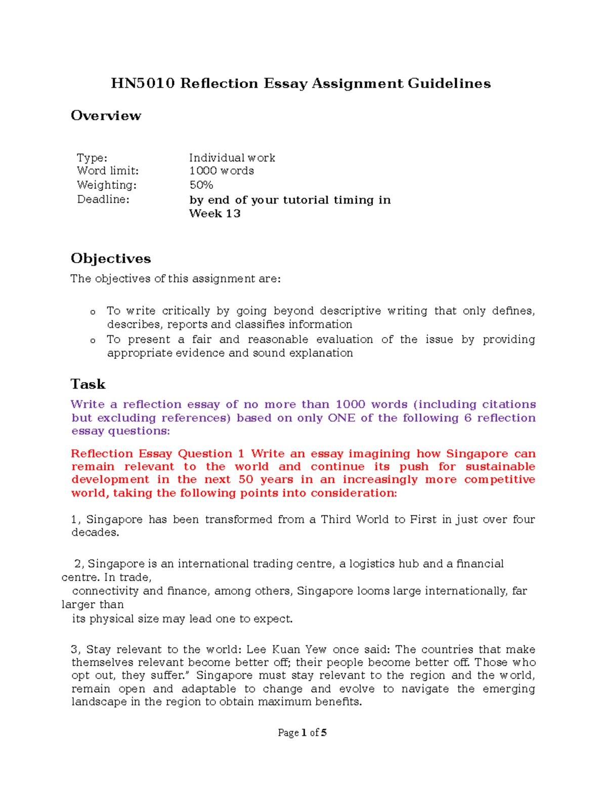HN5010 Reflection Essay Assignment Guidelines Sem 1AY22-23 - HN5010 ...
