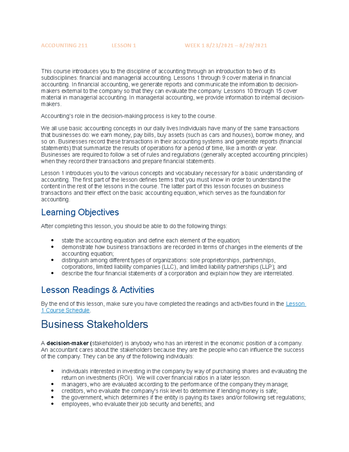 Accounting 211 Lesson 1WEEK 1 8 - ACCOUNTING 211 LESSON 1 WEEK 1 8/23 ...