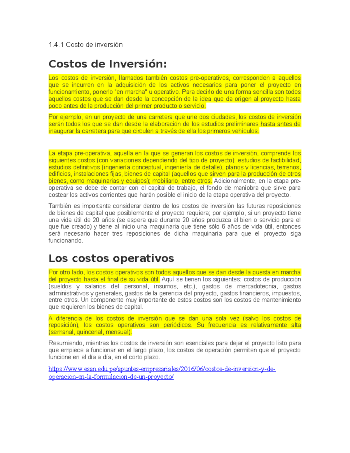 1.4.1 Costo de inversión - 1.4 Costo de inversión Costos de Inversión ...