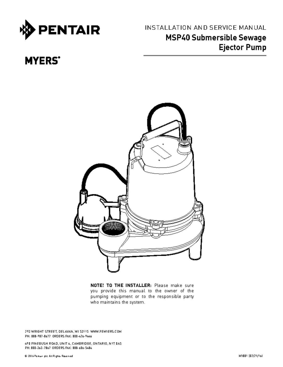 MSP40 Manual - NOTE! TO THE INSTALLER: Please make sure you provide ...