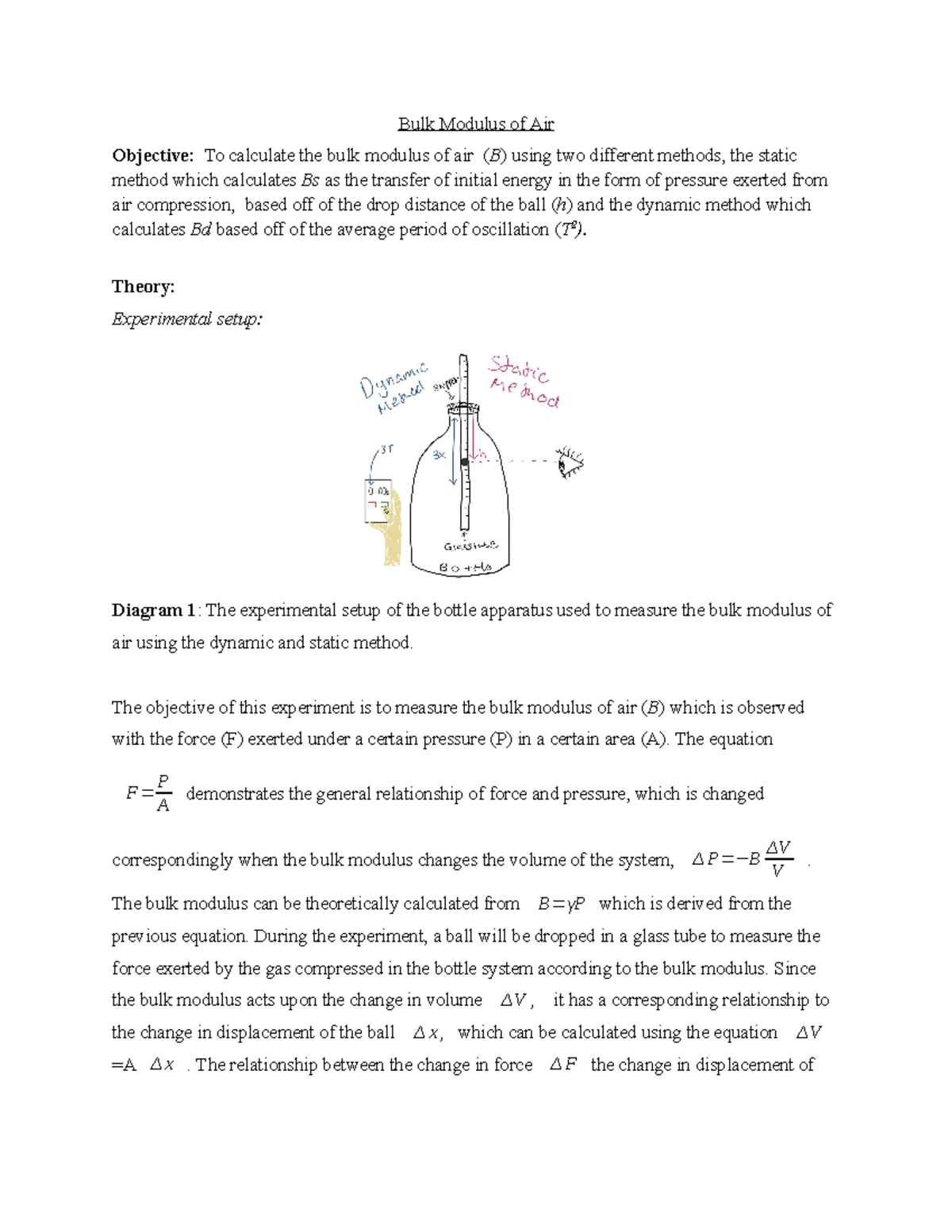 Lab 11 Bulk Modulus - Bulk Modulus of Air Objective: To calculate the ...