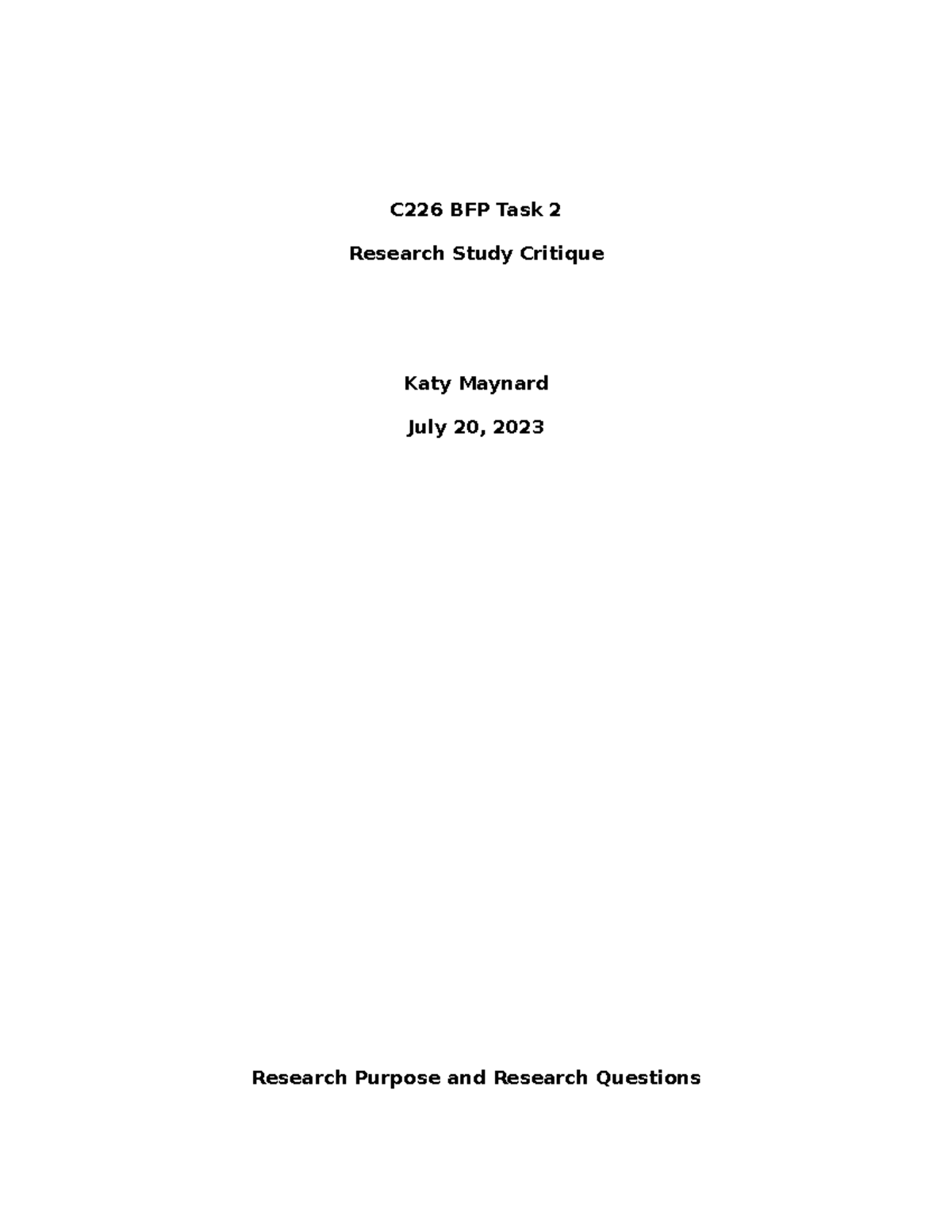 C226 Task 2 - Research Study Critique - C226 BFP Task 2 Research Study ...