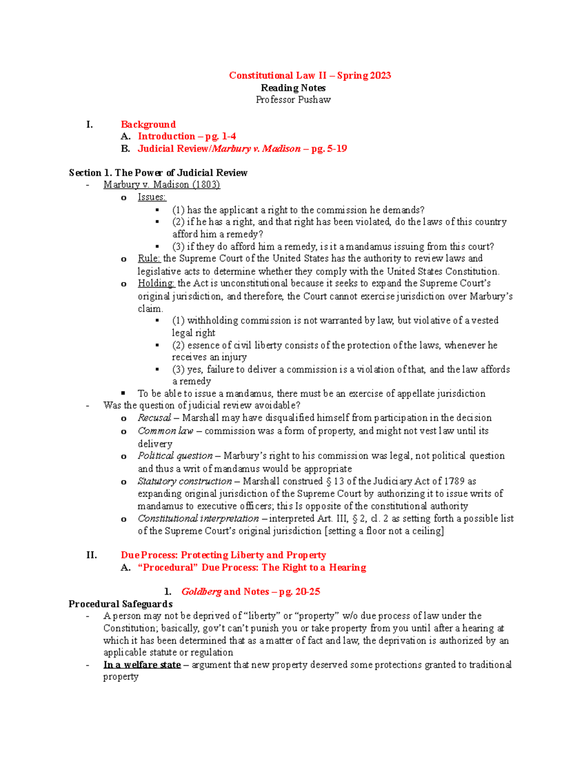Con Law II - Notes - Constitutional Law II – Spring 2023 Reading Notes ...