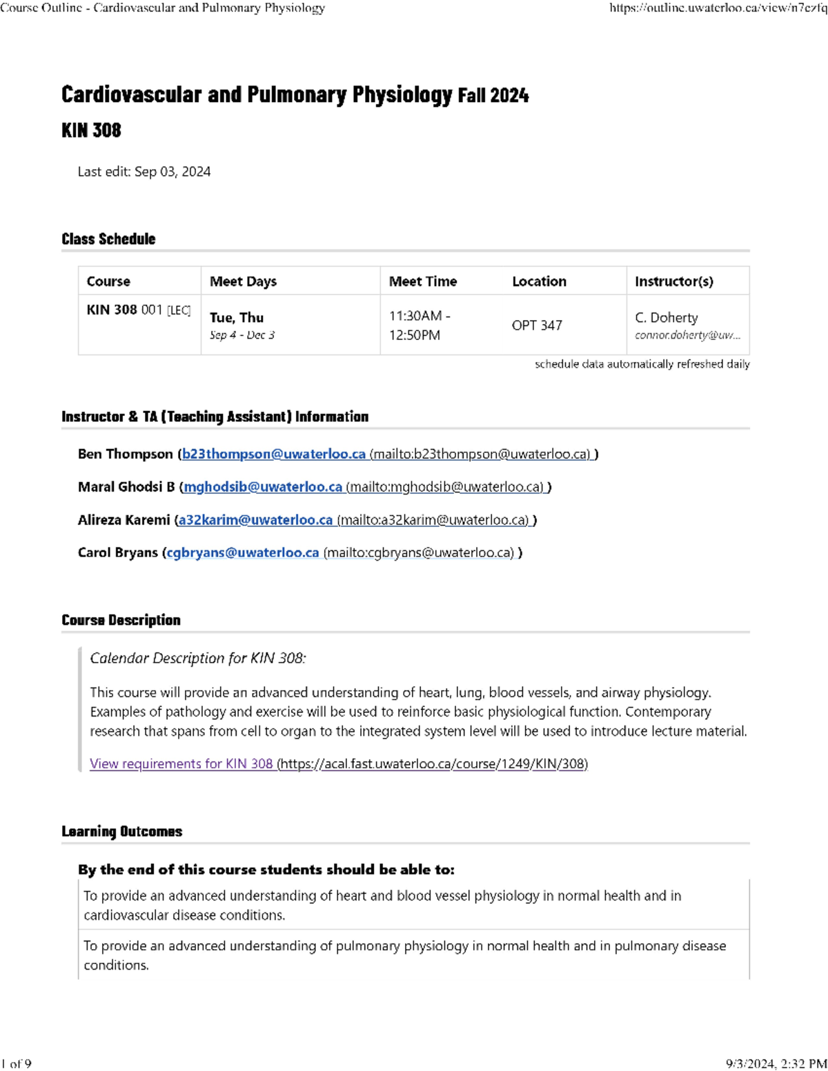 KIN 308 course outline F24 - Last edit: Sep 03, 2024 Course Meet Days ...