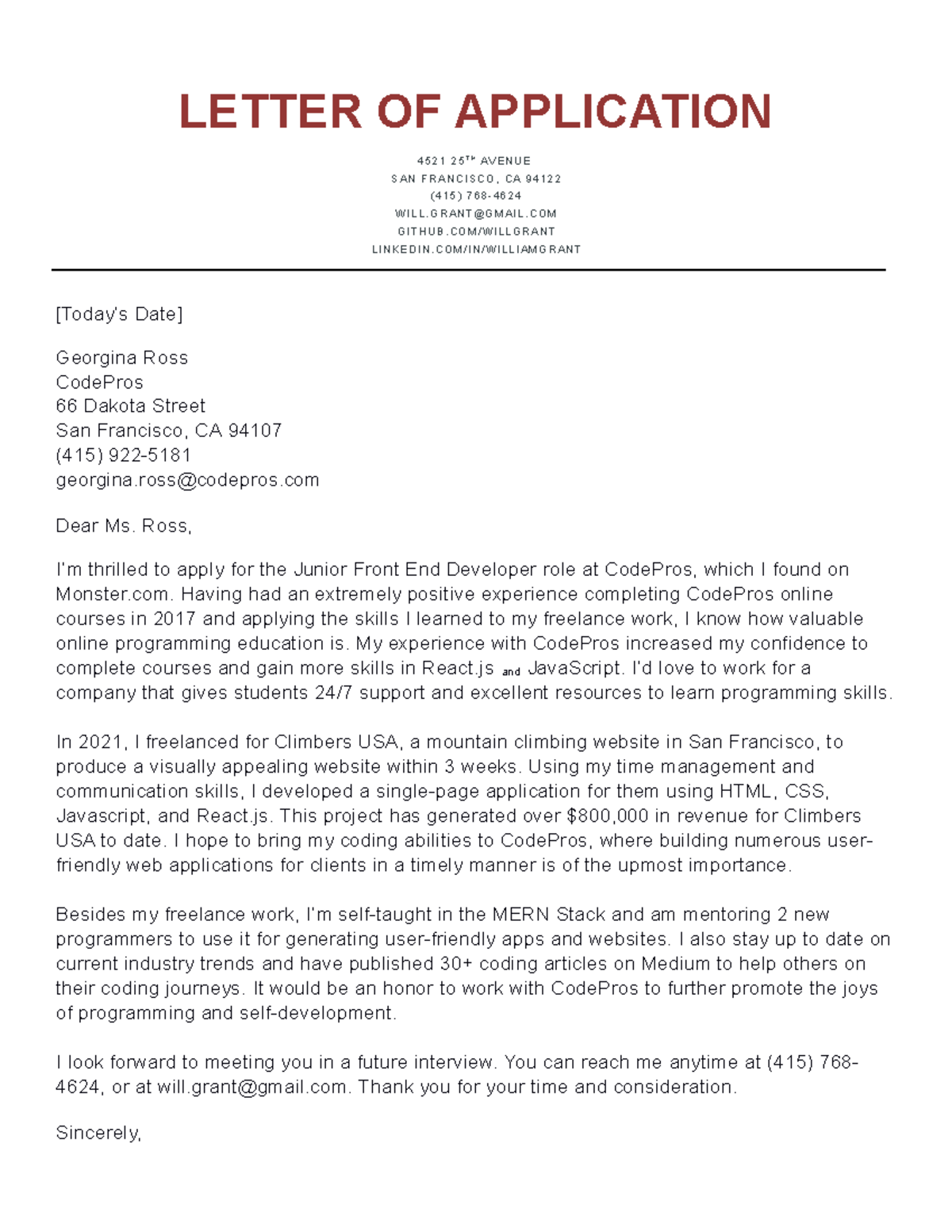 Letter of application example - LETTER OF APPLICATION 4 5 2 1 2 5 T H ...