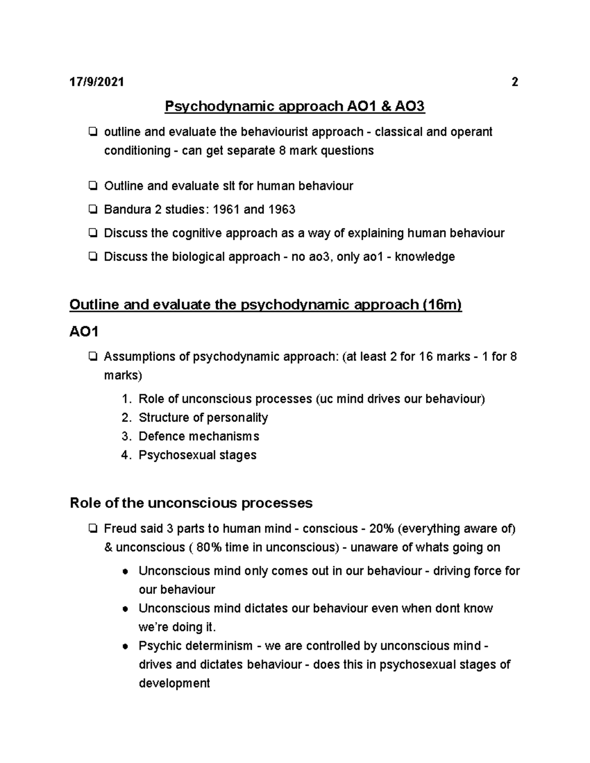 2 psychodynamic approach AO1 AND AO3 - 17/9/2021 2 Psychodynamic ...