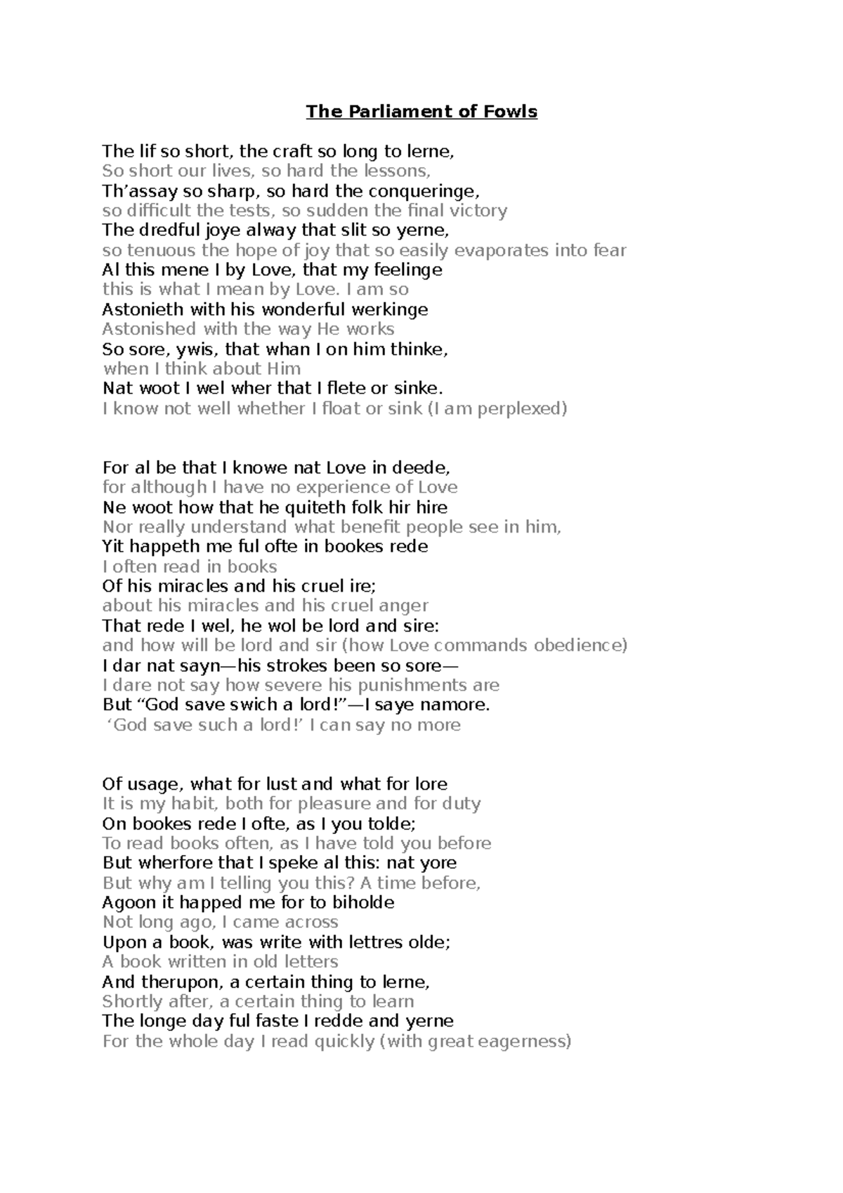 The Parliament of Fowls Translation - The Parliament of Fowls The lif ...