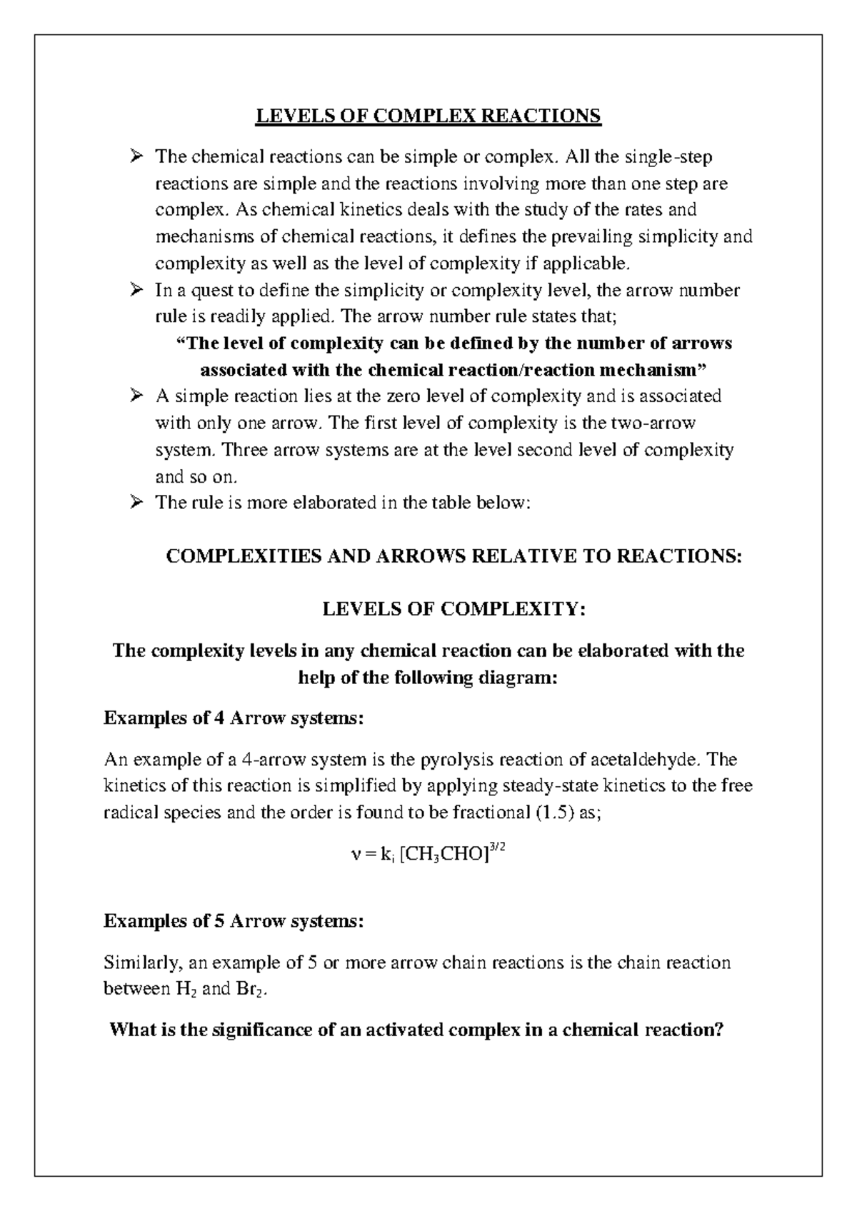Levels OF Complex Reactions - LEVELS OF COMPLEX REACTIONS The chemical ...