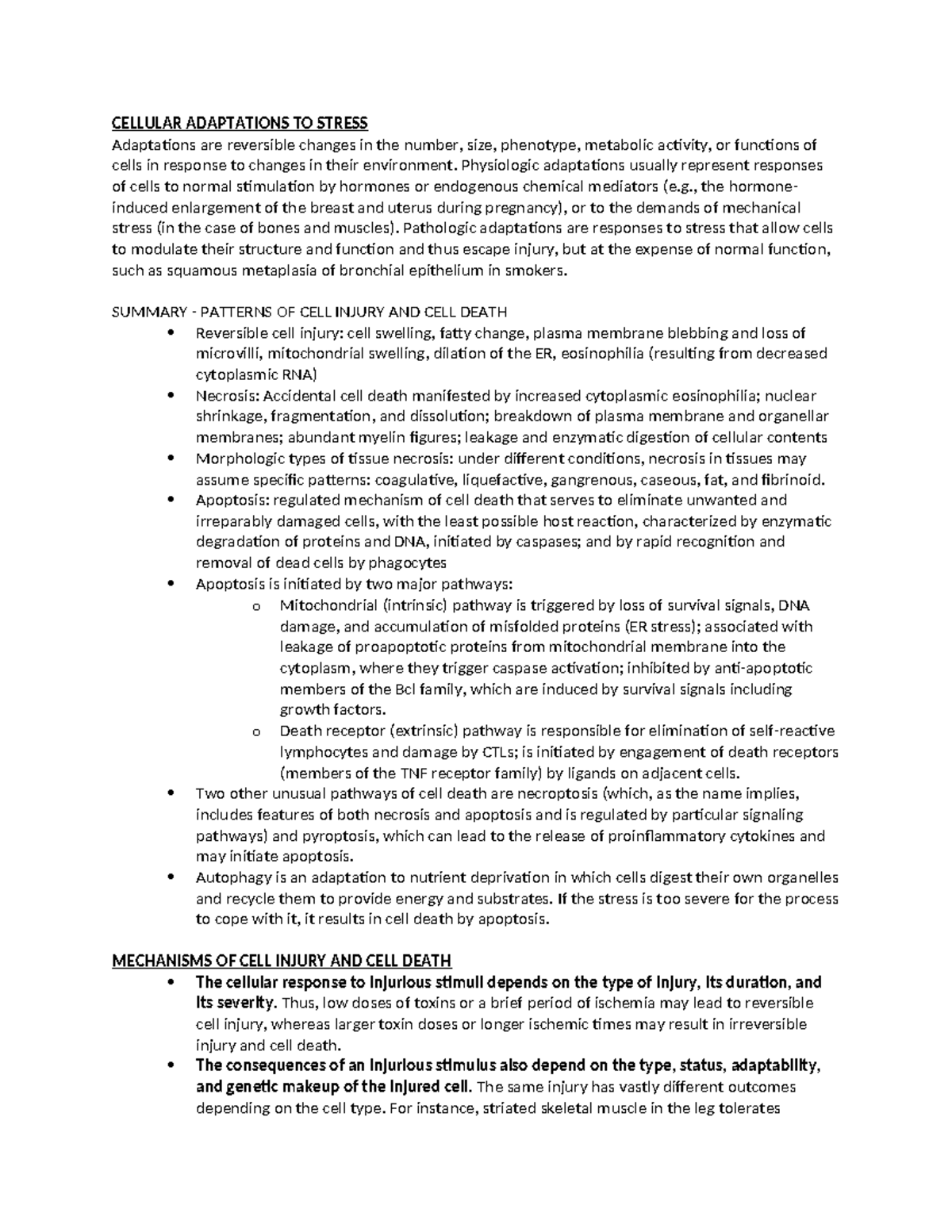 Cell injury & death - CELLULAR ADAPTATIONS TO STRESS Adaptations are reversible changes in the ...