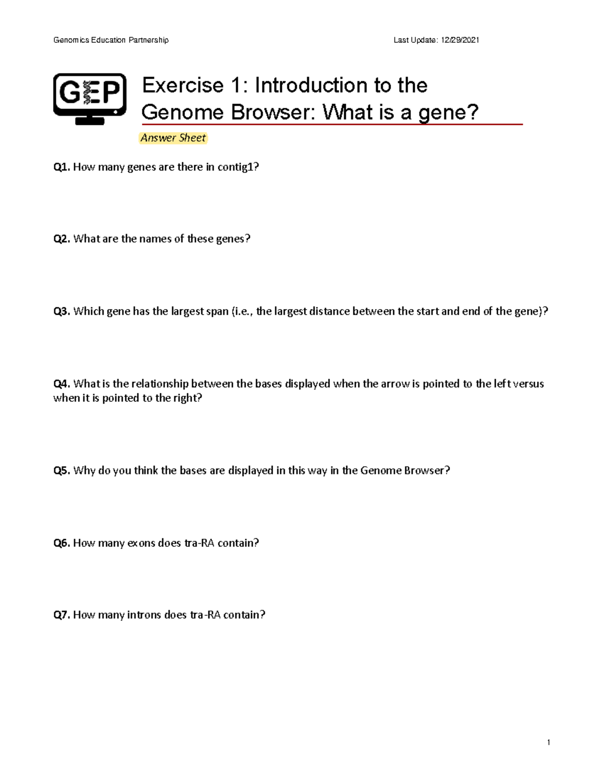 Exercise 1- What is a Gene - Answer Sheet - Genomics Education ...