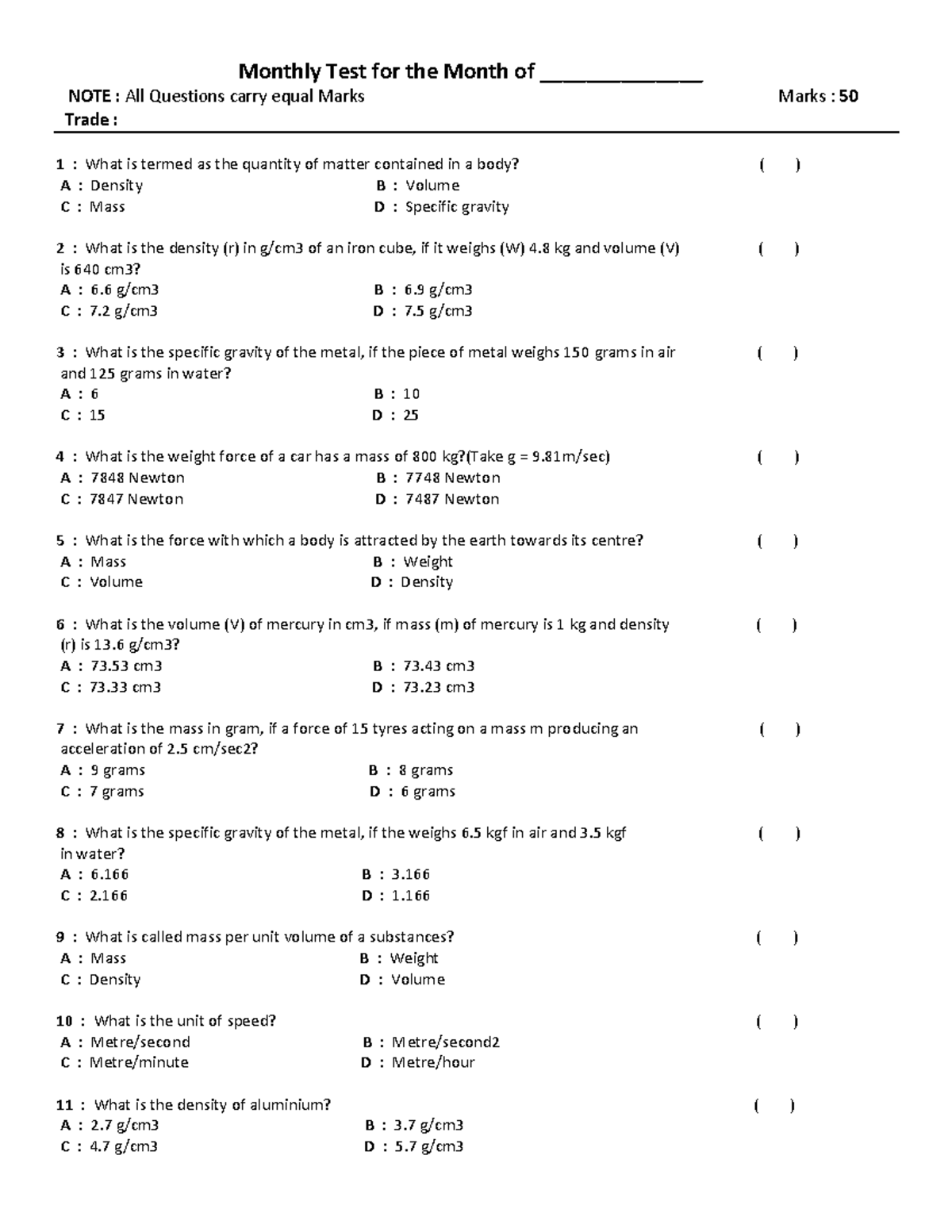 1ST YEAR 3RD Monthly TEST - Monthly Test for the Month of ...