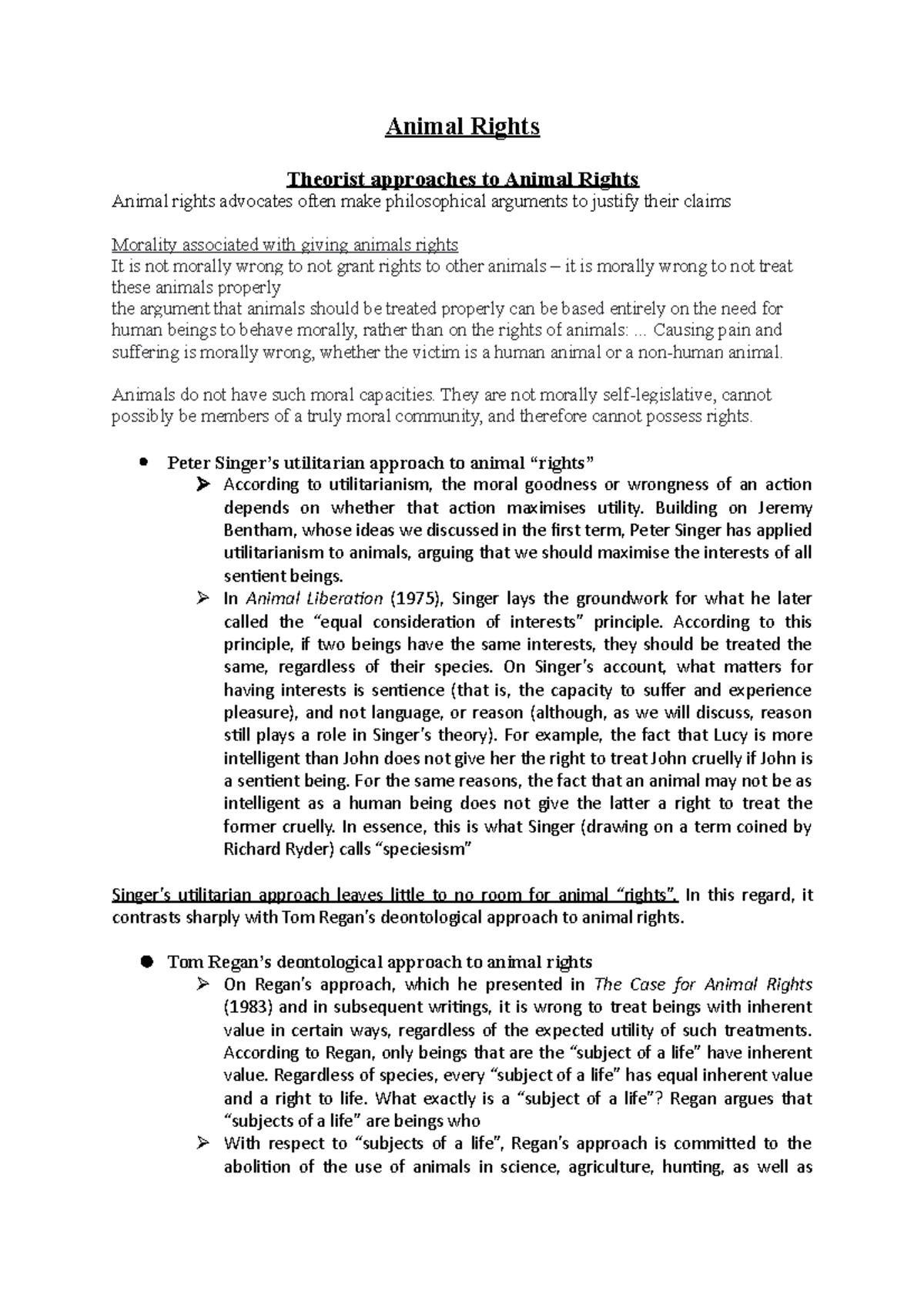 Animal Rights - Revision notes - Animal Rights Theorist approaches to ...