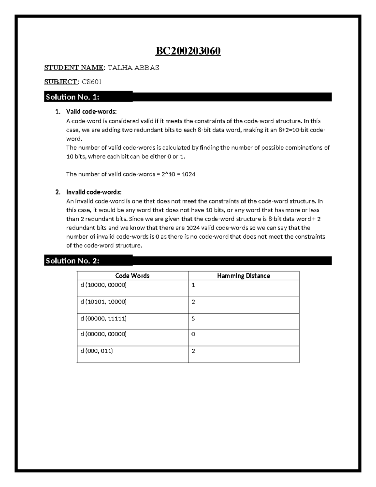 cs601 assignment - BC STUDENT NAME: TALHA ABBAS SUBJECT: CS Solution No. 1: 1. Valid code-words ...